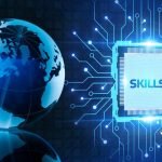 Hand touching a digital skills icon next to a glowing globe symbolising global technology workforce development.